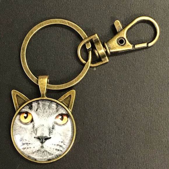 Accessories | Gray Cat Face With Ears Bronze Keychain And Hook | Poshmark